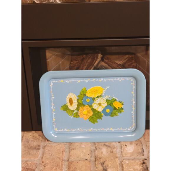 Vintage | Dining | Vintage Blue Lap Tray Metal Tv Serving Floral | Poshmark